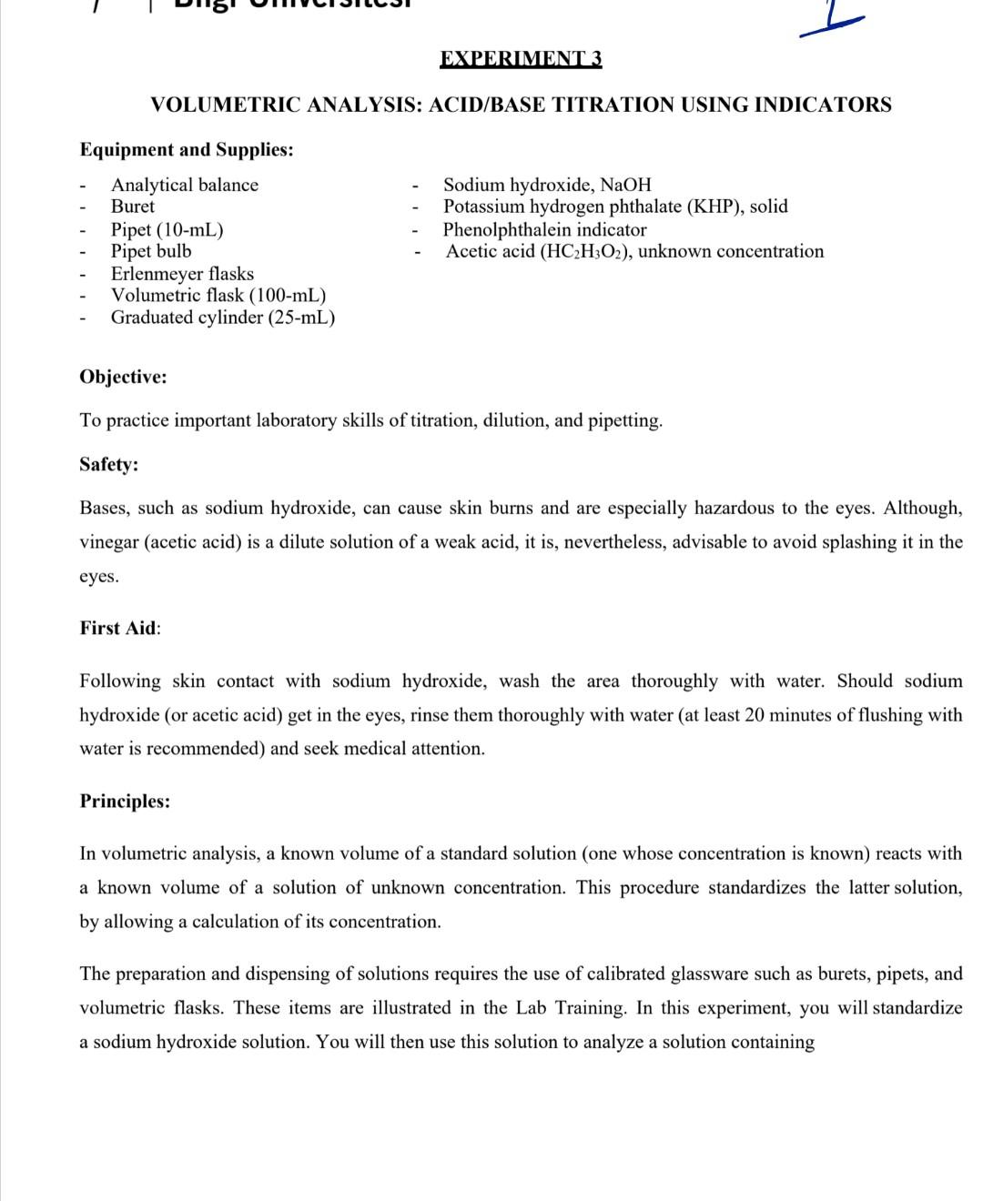 EXPERIMENT 3 VOLUMETRIC ANALYSIS: ACID/BASE TITRATION | Chegg.com