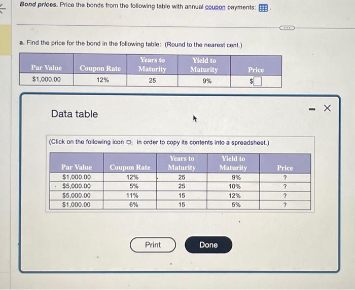 Solved Bond prices. Price the bonds from the following table | Chegg.com