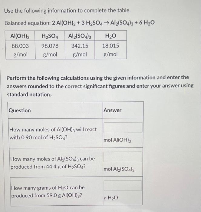 Solved Balanced Equation 2al Oh 3 3h2so4→al2 So4 3 6h2o