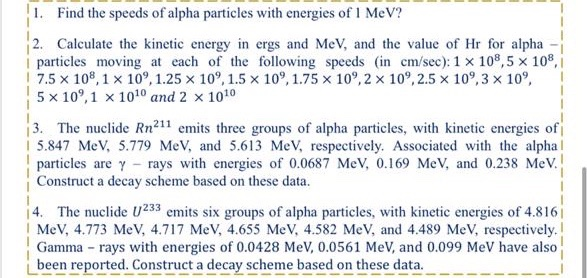 Solved 1. Find the speeds of alpha particles with energies | Chegg.com