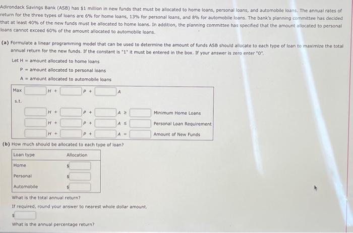 Adirondack Savings Bank (ASB) has $1 million in new | Chegg.com