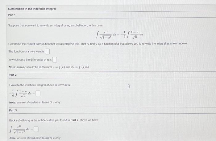 Solved Substitution in the Indefinite Integral Part 1. | Chegg.com