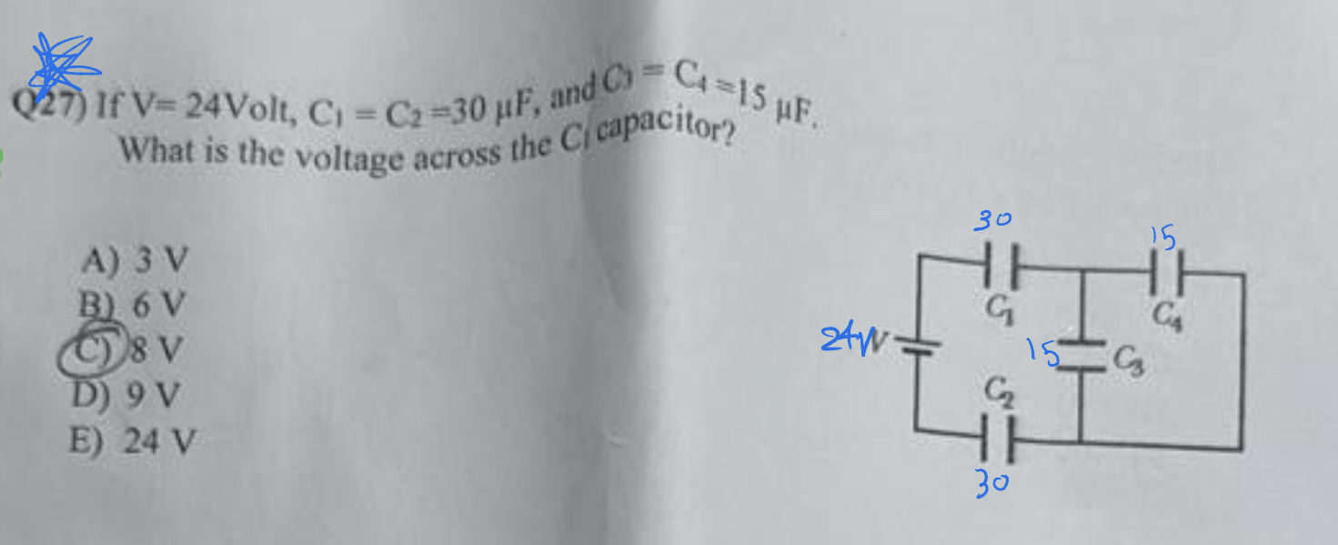 Solved Q27) ﻿If V=24Volt,C1=C2=30μF, ﻿and C3=C4=15μF. ﻿What | Chegg.com