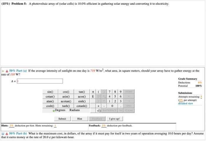 Solved (15\%) Problem 5: A photovoltaic array of (solar | Chegg.com