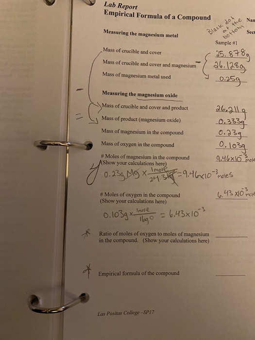 Solved Lab Report Empirical Formula of a Compound Syne Nar | Chegg.com