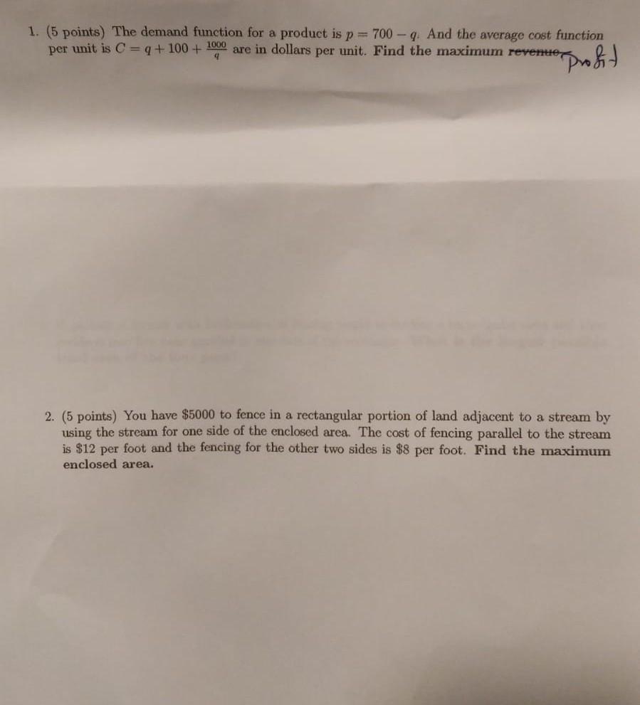 Solved 1. (5 points) The demand function for a product is | Chegg.com