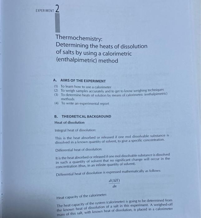 Solved EXPERIMENT 2 Thermochemistry: Determining the heats | Chegg.com