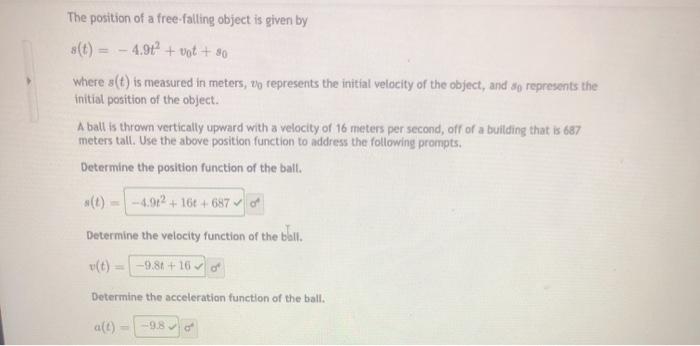 Solved The position of a free falling object is given by | Chegg.com