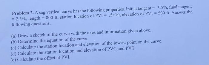 Solved Problem 2. A sag vertical curve has the following | Chegg.com
