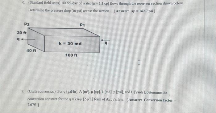 Solved 6. (Standard field units) 40 bbl day of water [u=1.1 | Chegg.com