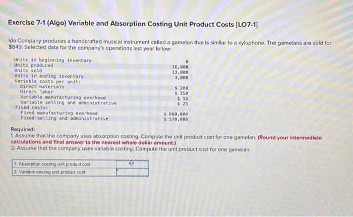 Solved Exercise 7-1 (Algo) Variable and Absorption Costing | Chegg.com