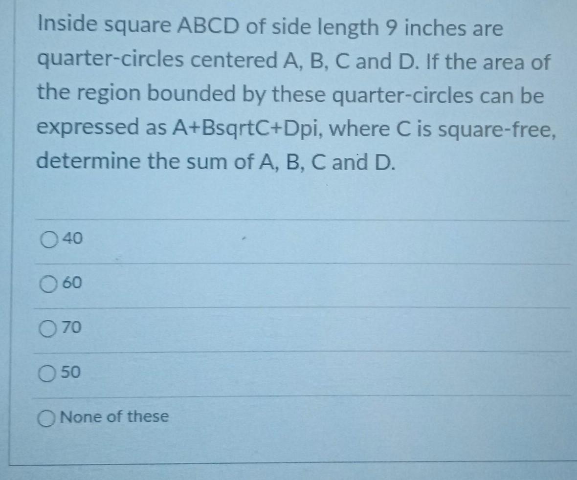 Solved Inside square ABCD of side length 9 inches are | Chegg.com