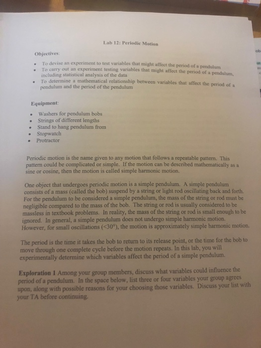 Solved Lab 12: Periodic Motion Objectives • To devise an | Chegg.com