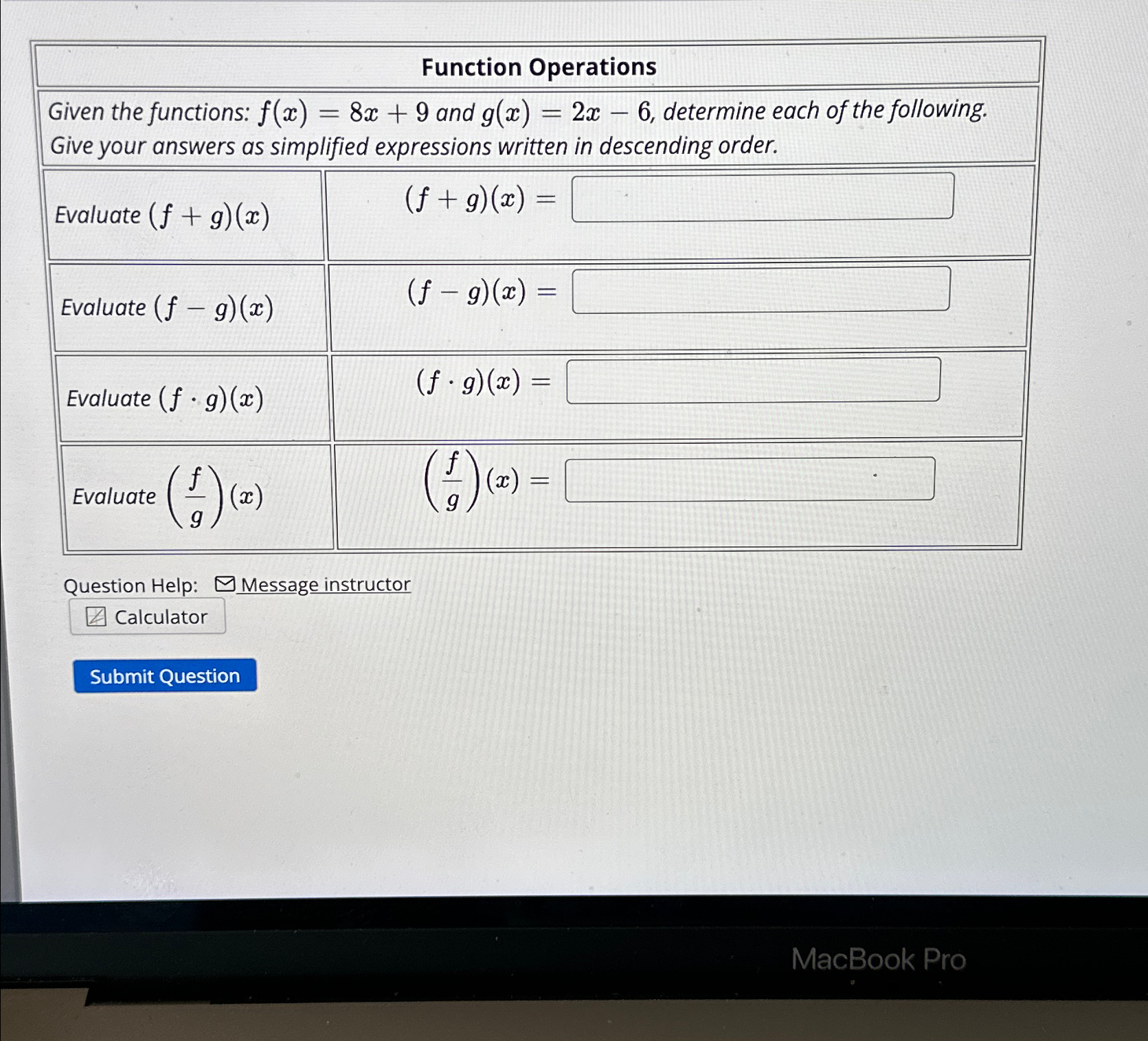 Solved Function OperationsGiven the functions: f(x)=8x+9 | Chegg.com