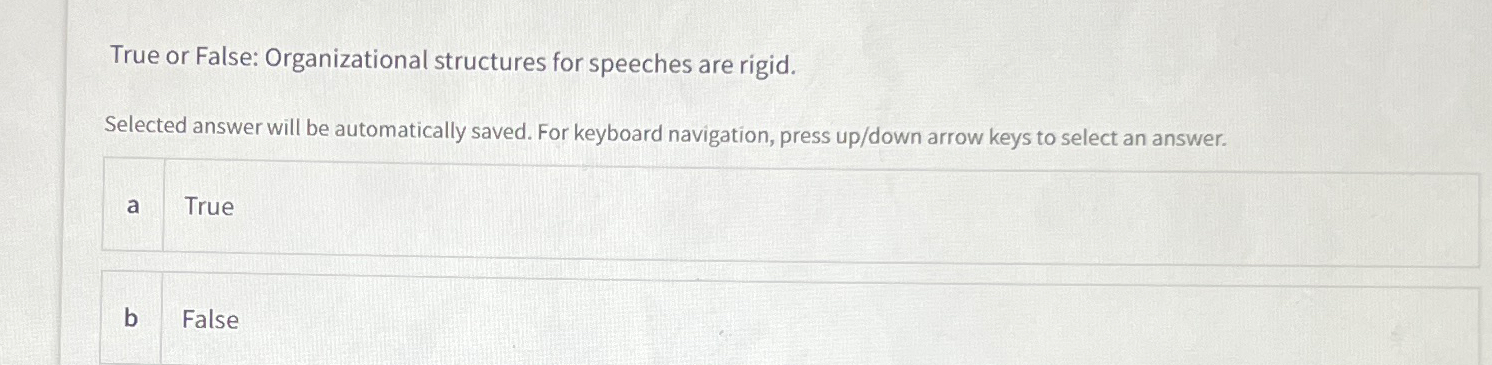 Solved True or False: Organizational structures for speeches | Chegg.com