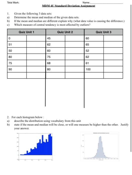 Solved Total Mark: Name MDM 4U Standard Deviation Assignment | Chegg.com