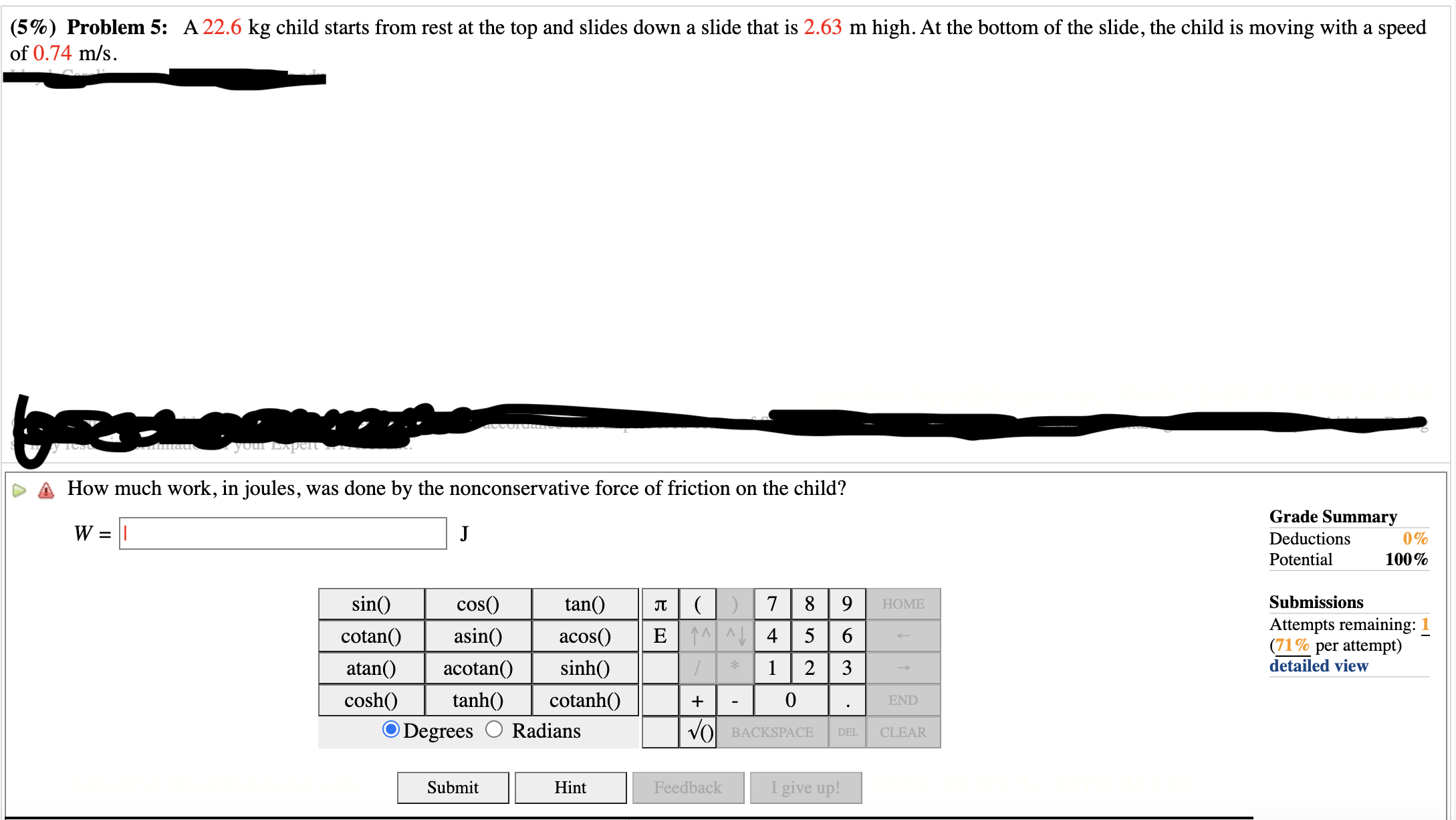 Solved (5%) ﻿Problem 5: A 22.6kg ﻿child starts from rest at | Chegg.com
