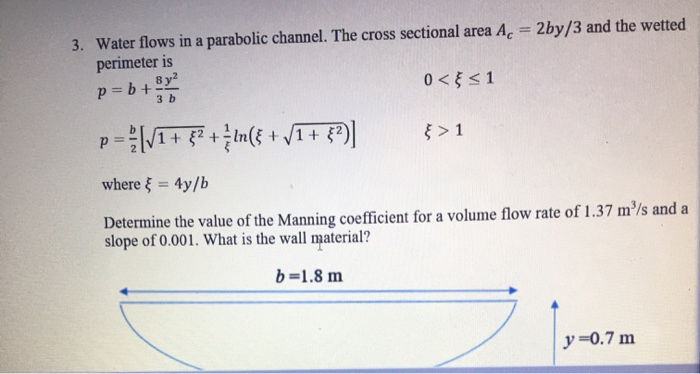 Solved 3. Water flows in a parabolic channel. The cross | Chegg.com