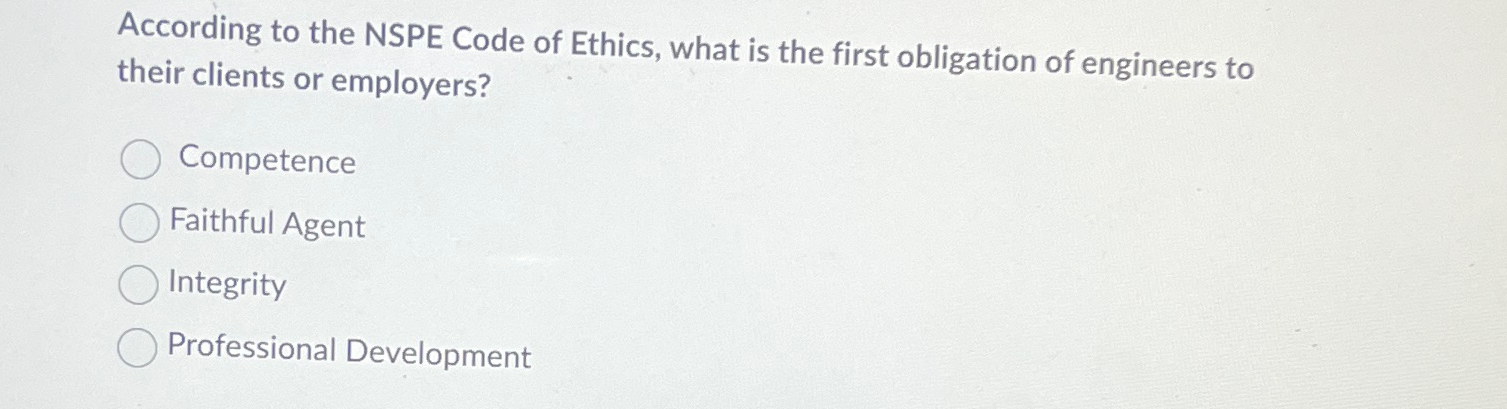 Solved According to the NSPE Code of Ethics, what is the | Chegg.com
