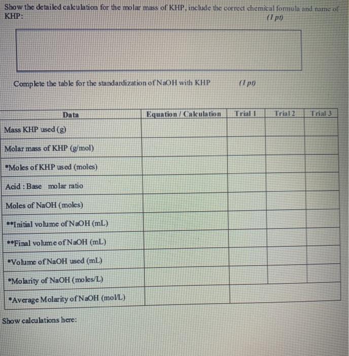 Solved Standardization of NaOH with KHP Data Trial 1 Trial 2 | Chegg.com