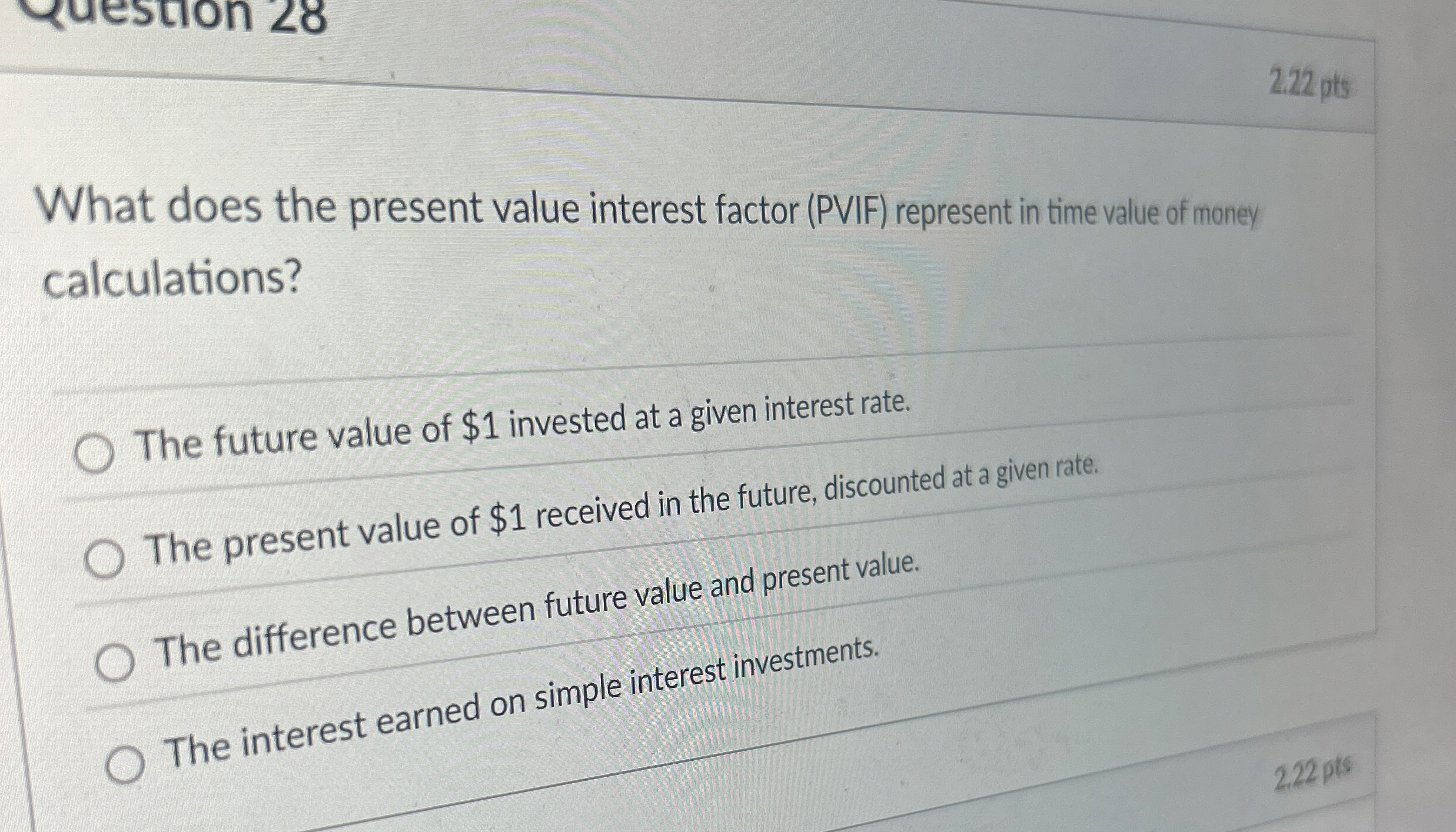 Solved 2.22 ﻿ptsWhat does the present value interest factor | Chegg.com