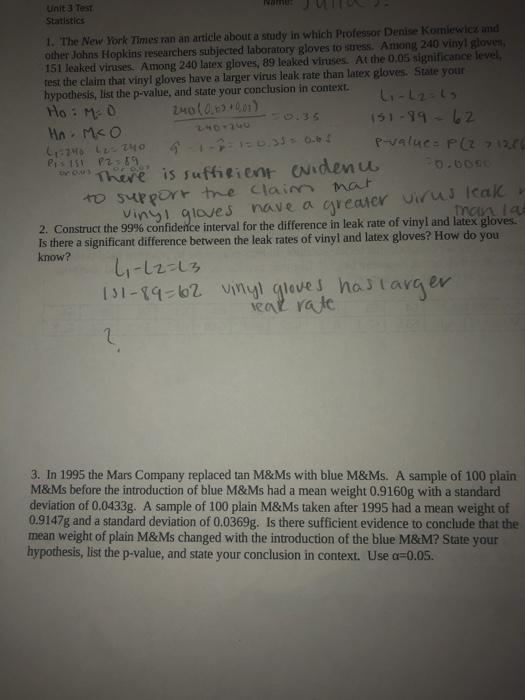 NO Unit 3 Test Statistics 1. The New York Times ran | Chegg.com