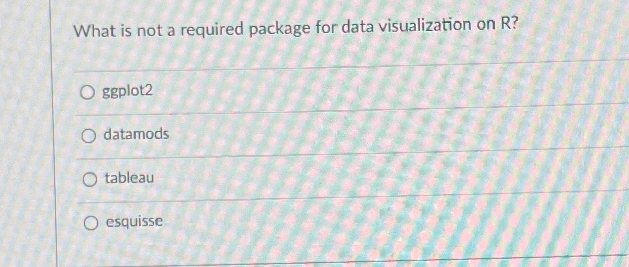 Solved What is not a required package for data visualization | Chegg.com