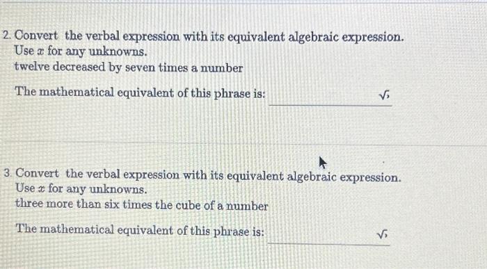 Solved 2. Convert the verbal expression with its equivalent | Chegg.com