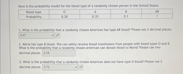 Solved Here is the probability model for the blood type of a | Chegg.com