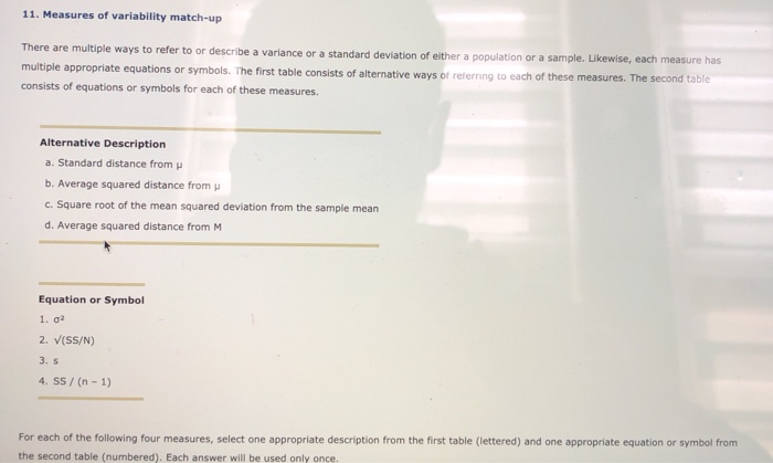 Solved 11. Measures of variability match-up There are | Chegg.com