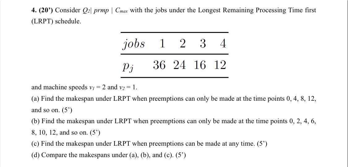 Solved (20') ﻿Consider Q2|| ﻿prmp |Cmax| ﻿with the jobs | Chegg.com
