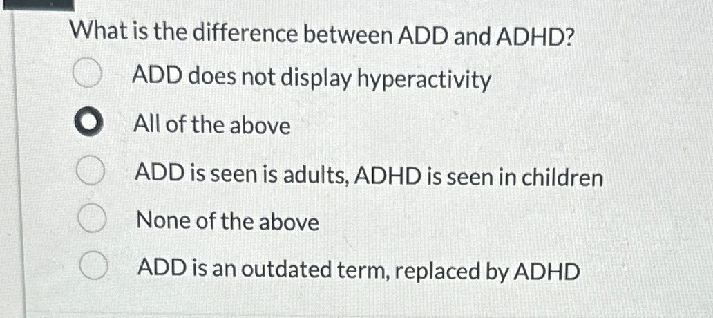 Solved What is the difference between ADD and ADHD?ADD does | Chegg.com