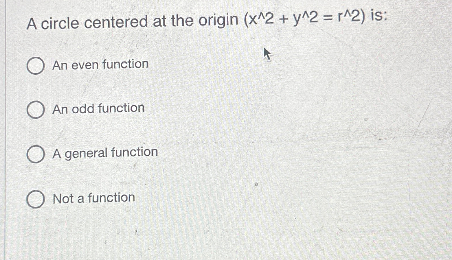 Solved A circle centered at the origin )=(r???2 ﻿is:An even | Chegg.com