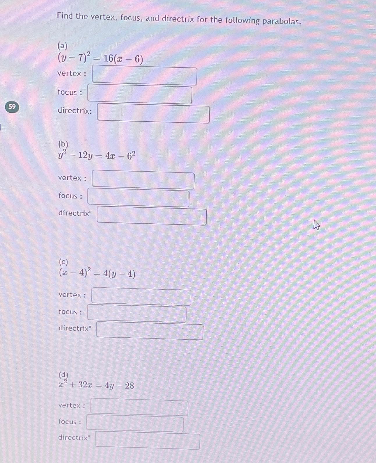 Solved Find the vertex, focus, and directrix for the | Chegg.com