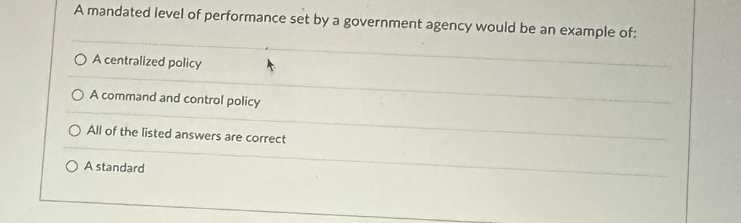 Solved A mandated level of performance set by a government | Chegg.com