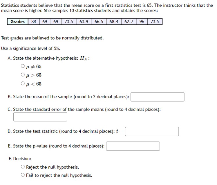 Solved Statistics students believe that the mean score on a | Chegg.com