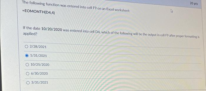 Solved 20pts The following function was entered into cell E9 | Chegg.com