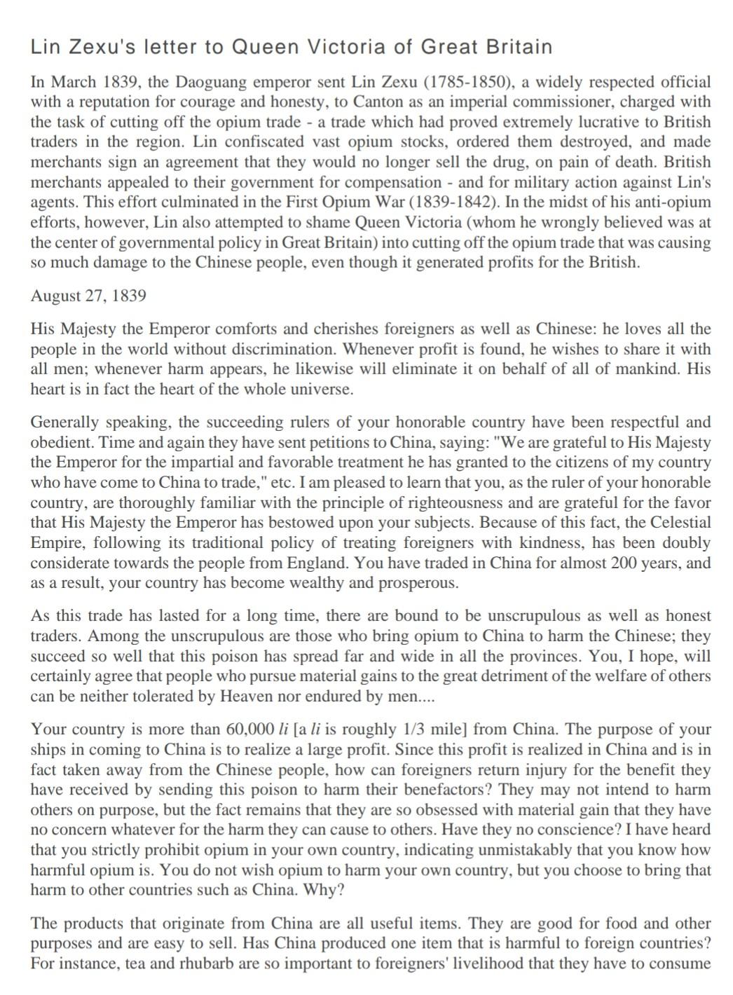 Lin Zexu's letter to Queen Victoria of Great Britain | Chegg.com