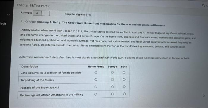 1. Critical Thinking Activity: The Great War: Home | Chegg.com
