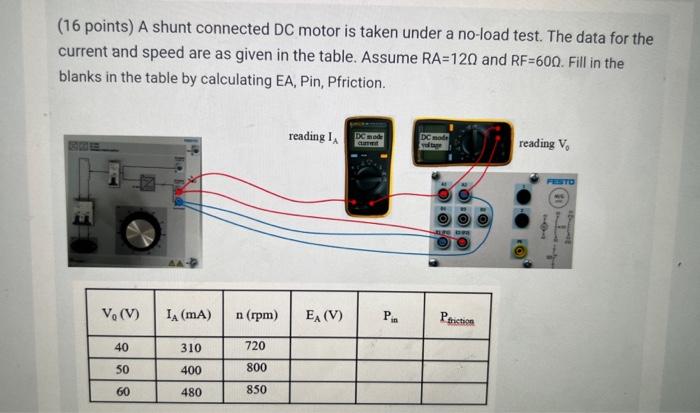 Solved (16 points) A shunt connected DC motor is taken under | Chegg.com
