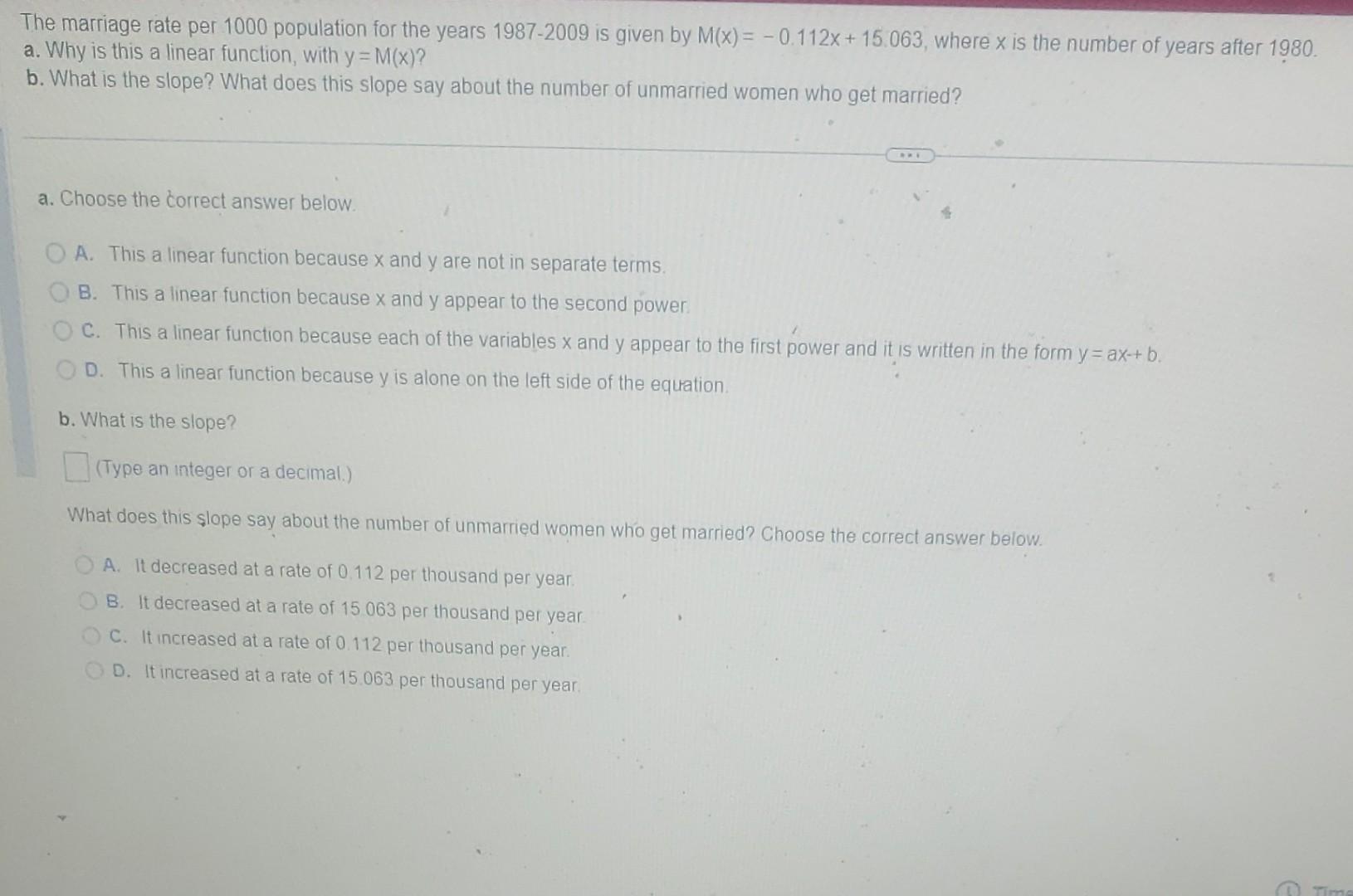 Solved The marriage rate per 1000 population for the years | Chegg.com