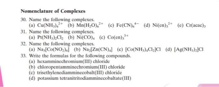 Solved Nomenclature of Complexes 30. Name the following | Chegg.com