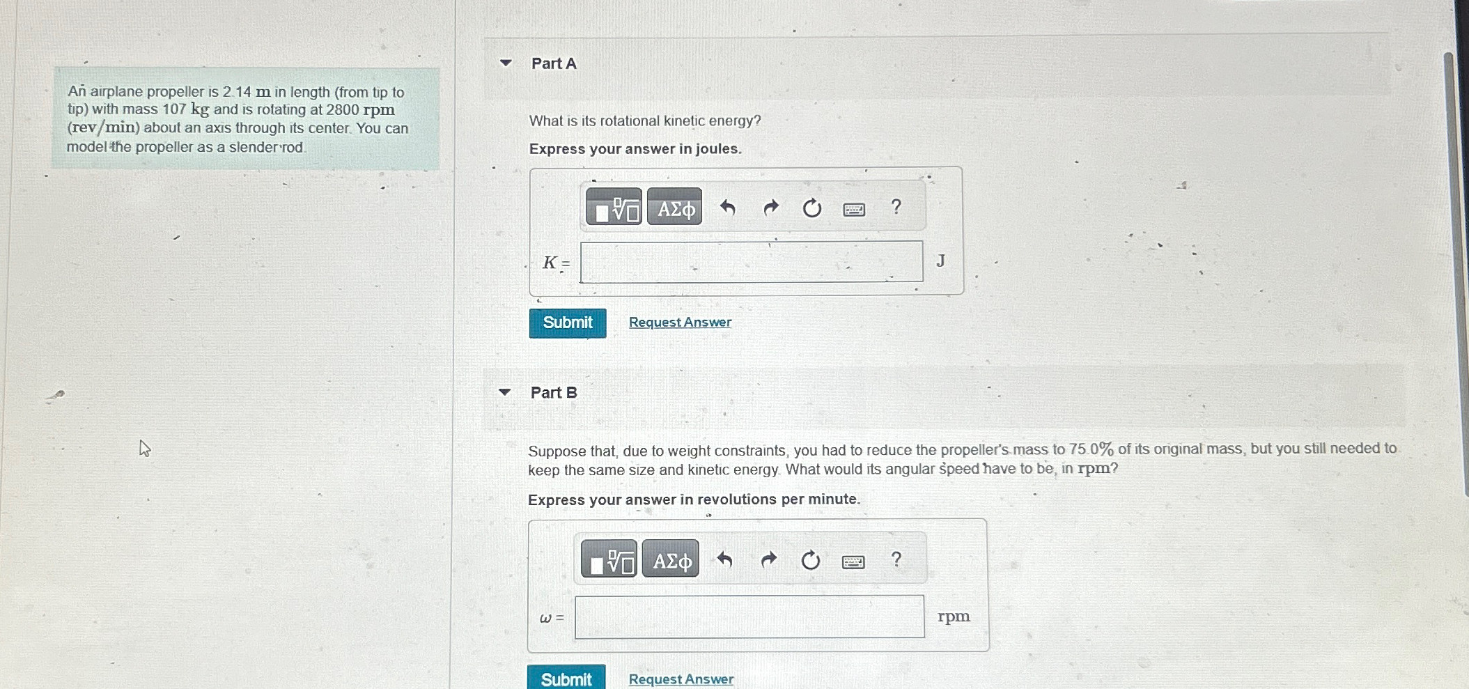 Solved Añ ﻿airplane propeller is 2.14m ﻿in length (from tip | Chegg.com