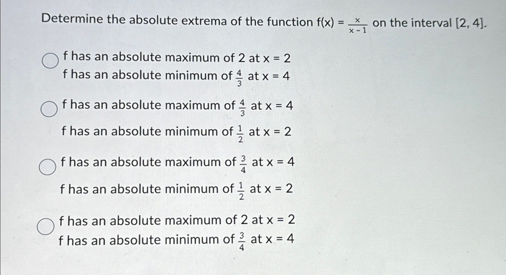Solved Determine the absolute extrema of the function | Chegg.com