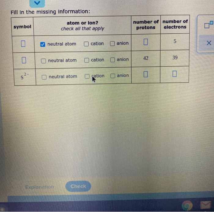 Solved Fill in the missing information: atom or lon? check | Chegg.com
