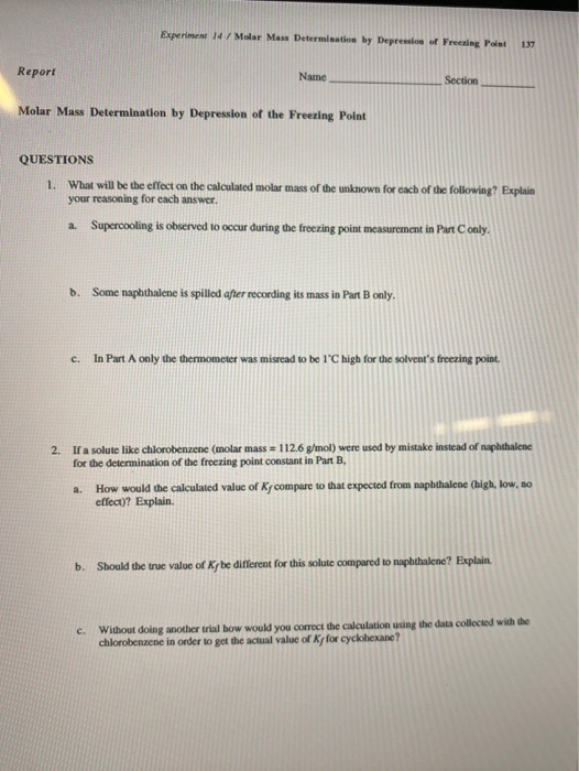 Solved Exp Molar Man Determination By Depression Of 0949