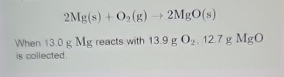 Solved 2Mg(s)+O2(g)→2MgO(s)When 13.0g ﻿Mg reacts with | Chegg.com