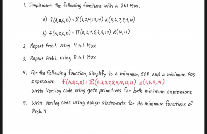 1. Implement the following functions with a 2tol Mux, | Chegg.com