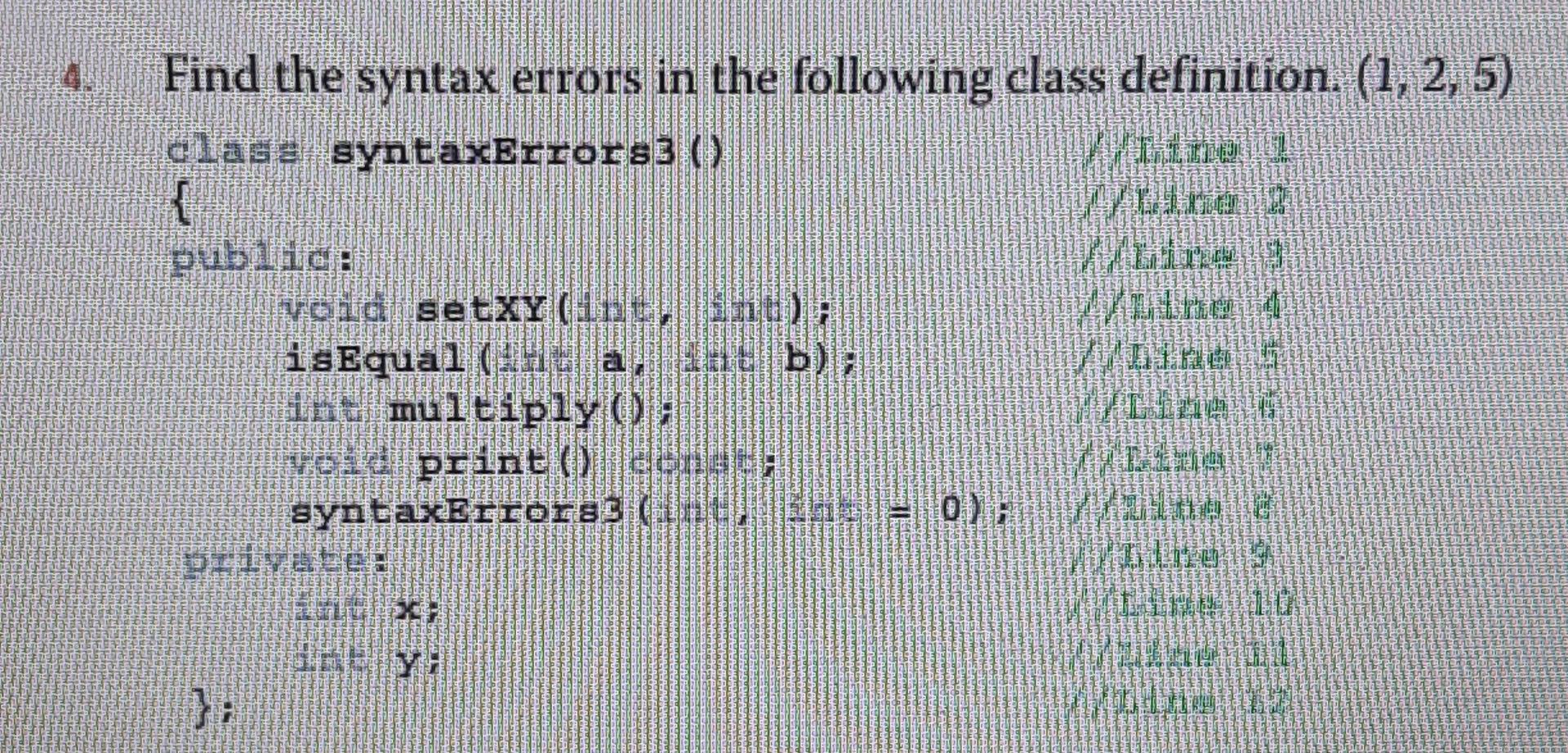 Solved 4. Find the syntax errors in the following class | Chegg.com