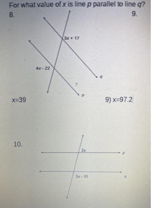Solved For what value of x is line p parallel to line q.i | Chegg.com